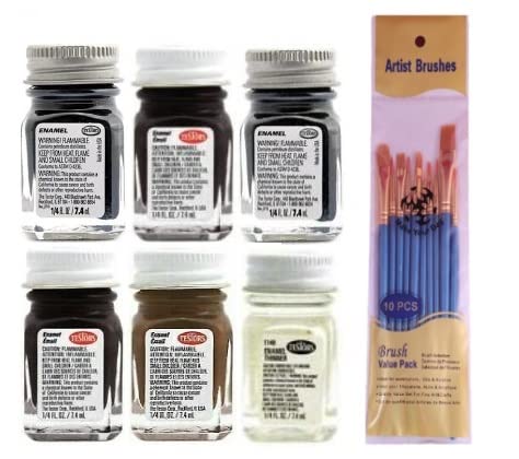 Make Your Day Testors Black Enamel Paint Variety, Flat Black, Gloss Black, Semi-Gloss Black, Black Metallic, Flat Rubber, and Thinner 1/4 fl oz (Pack of 11) Brushes