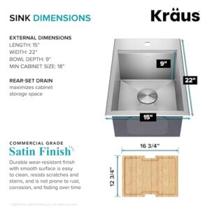 KRAUS Kore 15-Inch Drop In/Top Mount Workstation 16 Gauge Single Bowl Stainless Steel Bar Kitchen Sink with Accessories, KWT311-15