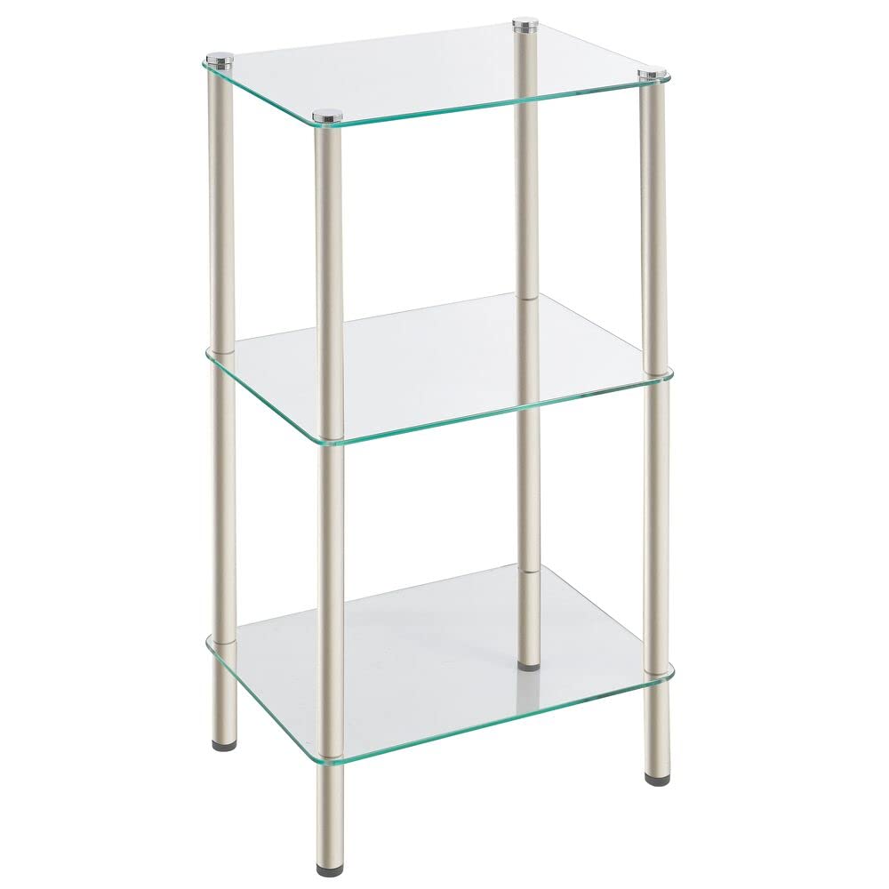 mDesign Metal/Glass 3-Tier Storage Tower, Narrow Shelving Display Unit, Open Glass Shelves; Multi-Use Stand for Living Room, Bathroom, Home Office, Hallway, Bedroom Organization - Satin/Clear