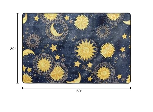 SWEET TANG Area Rug Meet 1998 Boho Chic Art Golden Sun Moon and Star Over Blue Black Sky Flannel Microfiber AntiSlip Water Resistant Carpet Bathroom Play Mat for Floor Hallway Home Decoration 60x39