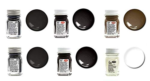 Make Your Day Testors Black Enamel Paint Variety, Flat Black, Gloss Black, Semi-Gloss Black, Black Metallic, Flat Rubber, and Thinner 1/4 fl oz (Pack of 11) Brushes