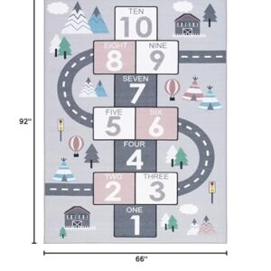 SAFAVIEH Kids Playhouse Collection Area Rug - 5'5" x 7'7", Grey & Pink, Hopscotch, Non-Shedding & Easy Care, Machine Washable Ideal for High Traffic Areas in Playroom, Nursery, Bedroom (KPH226A)