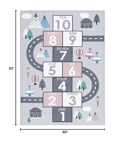 SAFAVIEH Kids Playhouse Collection Area Rug - 5'5" x 7'7", Grey & Pink, Hopscotch, Non-Shedding & Easy Care, Machine Washable Ideal for High Traffic Areas in Playroom, Nursery, Bedroom (KPH226A)