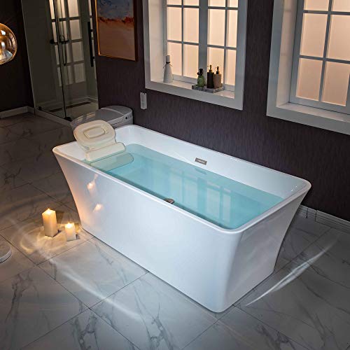 WOODBRIDGE 59" Freestanding Acylic Soaking Bathtub with White, Drain and Overflow inBrushed, BTA1509-B/N-Drain &O + Pillow, with Brushed Nickel Drian