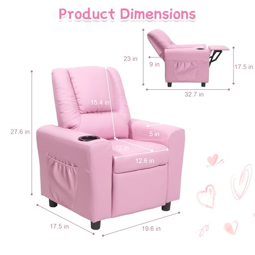 hzlagm Kids Recliner Chair with Cup Holder, Toddler Recliners for Kids Age 0-5 with Side Pockets and Non-Slip Footstool, Child Recliners for Girls Boys Kids Room, Children's Rooms, Pink