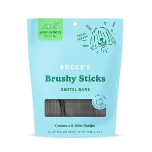 bocce's bakery dailies brushy sticks to support oral health & fresh breath, wheat-free dental bars for dogs, made with real ingredients, baked in the usa, all-natural coconut & mint, medium dogs