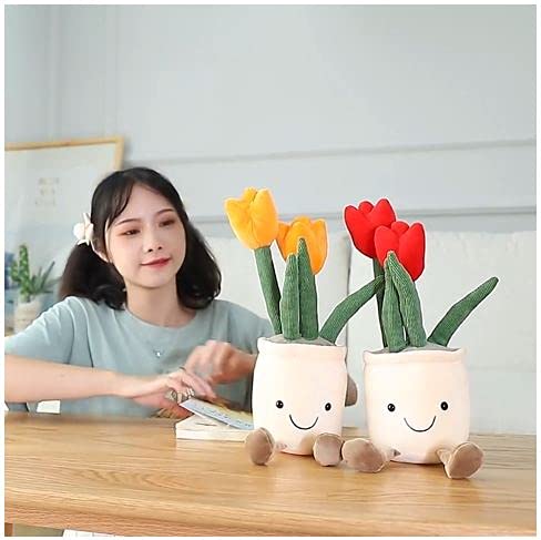 AULUDA Tulip Plush Toy, 13" Orange Flower Pot Stuffed Throw Plushie Pillow Doll, Soft Fluffy Plant Friend Hugging Cushion - Present for Every Age & Occasion