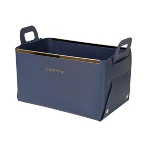 foldable basket organizers and storage,small storage bin with handles,faux leather decorative tray for bath,vanity,entryway (navy)