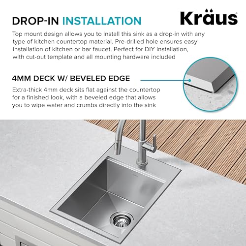 KRAUS Kore 15-Inch Drop In/Top Mount Workstation 16 Gauge Single Bowl Stainless Steel Bar Kitchen Sink with Accessories, KWT311-15