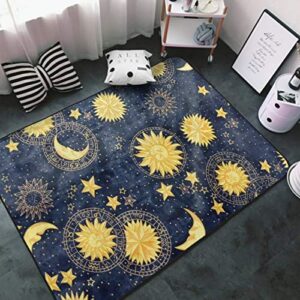 SWEET TANG Area Rug Meet 1998 Boho Chic Art Golden Sun Moon and Star Over Blue Black Sky Flannel Microfiber AntiSlip Water Resistant Carpet Bathroom Play Mat for Floor Hallway Home Decoration 60x39