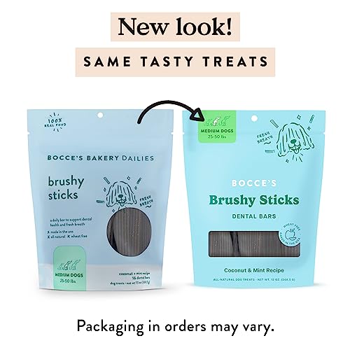 Bocce's Bakery Dailies Brushy Sticks to Support Oral Health & Fresh Breath, Wheat-Free Dental Bars for Dogs, Made with Real Ingredients, Baked in The USA, All-Natural Coconut & Mint, Medium Dogs