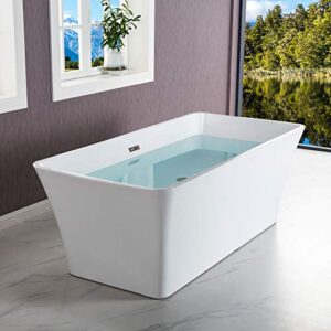 WOODBRIDGE 59" Freestanding Acylic Soaking Bathtub with White, Drain and Overflow inBrushed, BTA1509-B/N-Drain &O + Pillow, with Brushed Nickel Drian