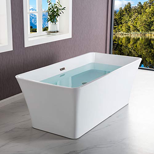 WOODBRIDGE 59" Freestanding Acylic Soaking Bathtub with White, Drain and Overflow inBrushed, BTA1509-B/N-Drain &O + Pillow, with Brushed Nickel Drian