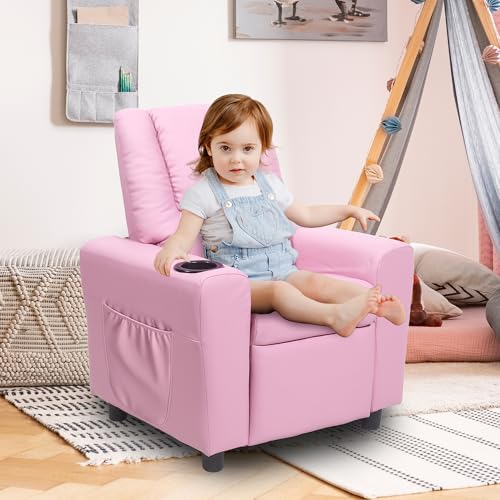 hzlagm Kids Recliner Chair with Cup Holder, Toddler Recliners for Kids Age 0-5 with Side Pockets and Non-Slip Footstool, Child Recliners for Girls Boys Kids Room, Children's Rooms, Pink