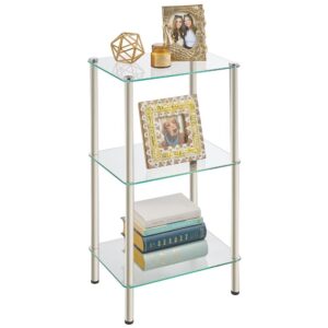 mDesign Metal/Glass 3-Tier Storage Tower, Narrow Shelving Display Unit, Open Glass Shelves; Multi-Use Stand for Living Room, Bathroom, Home Office, Hallway, Bedroom Organization - Satin/Clear