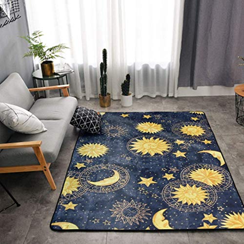 SWEET TANG Area Rug Meet 1998 Boho Chic Art Golden Sun Moon and Star Over Blue Black Sky Flannel Microfiber AntiSlip Water Resistant Carpet Bathroom Play Mat for Floor Hallway Home Decoration 60x39