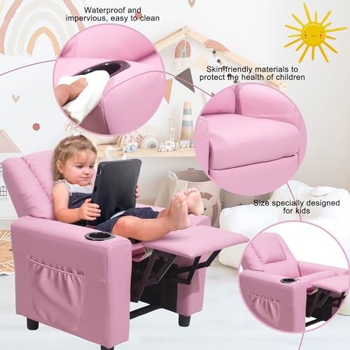 hzlagm Kids Recliner Chair with Cup Holder, Toddler Recliners for Kids Age 0-5 with Side Pockets and Non-Slip Footstool, Child Recliners for Girls Boys Kids Room, Children's Rooms, Pink