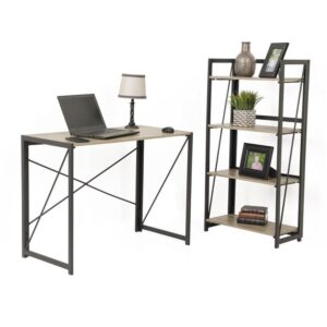 OS Home and Office Furniture Model 42244 No Tool Four Shelf Bookcase with Metal Legs and Sewn Oak Laminate Shelves