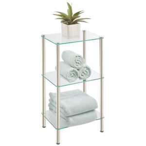 mdesign metal/glass 3-tier storage tower, narrow shelving display unit, open glass shelves; multi-use stand for living room, bathroom, home office, hallway, bedroom organization - satin/clear