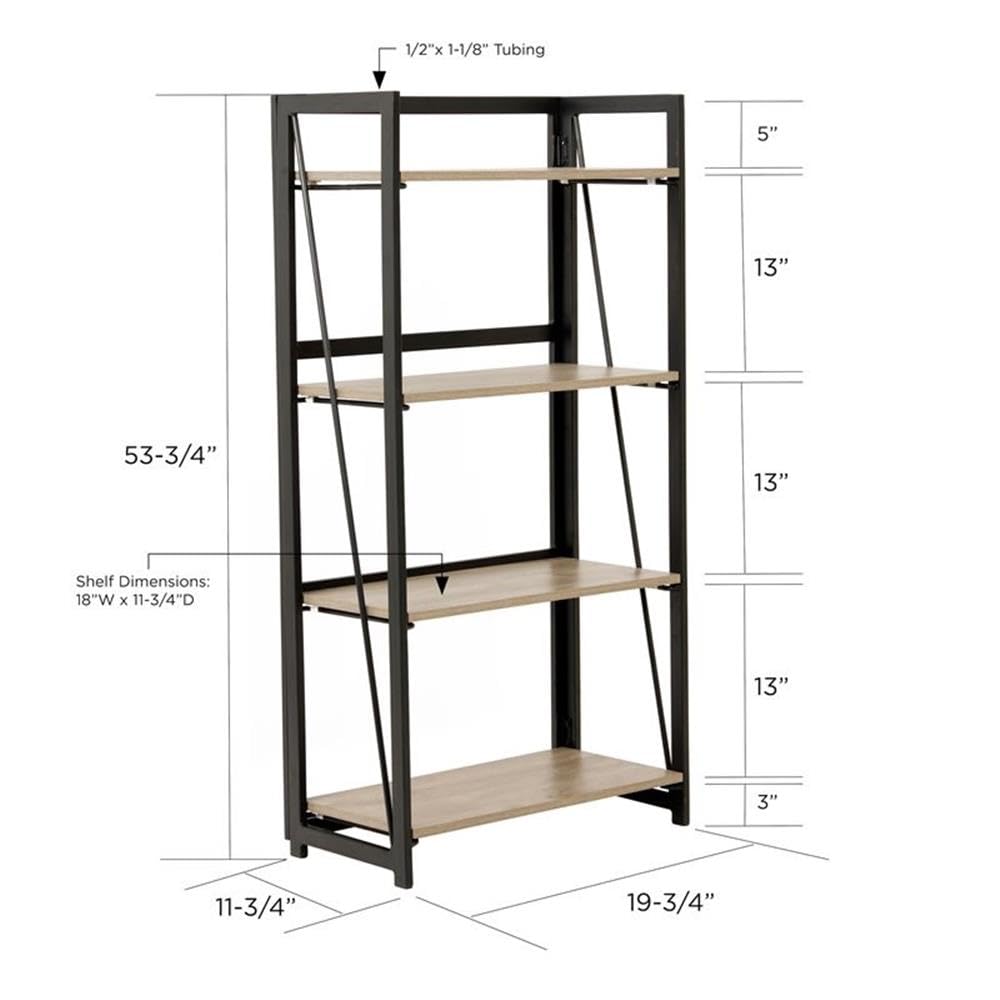 OS Home and Office Furniture Model 42244 No Tool Four Shelf Bookcase with Metal Legs and Sewn Oak Laminate Shelves