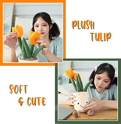 AULUDA Tulip Plush Toy, 13" Orange Flower Pot Stuffed Throw Plushie Pillow Doll, Soft Fluffy Plant Friend Hugging Cushion - Present for Every Age & Occasion