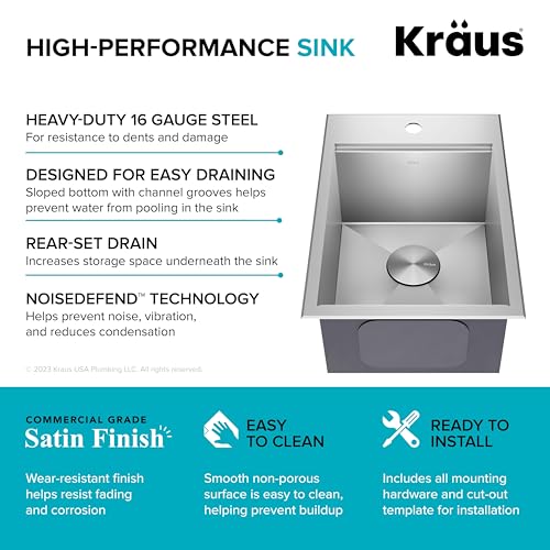 KRAUS Kore 15-Inch Drop In/Top Mount Workstation 16 Gauge Single Bowl Stainless Steel Bar Kitchen Sink with Accessories, KWT311-15