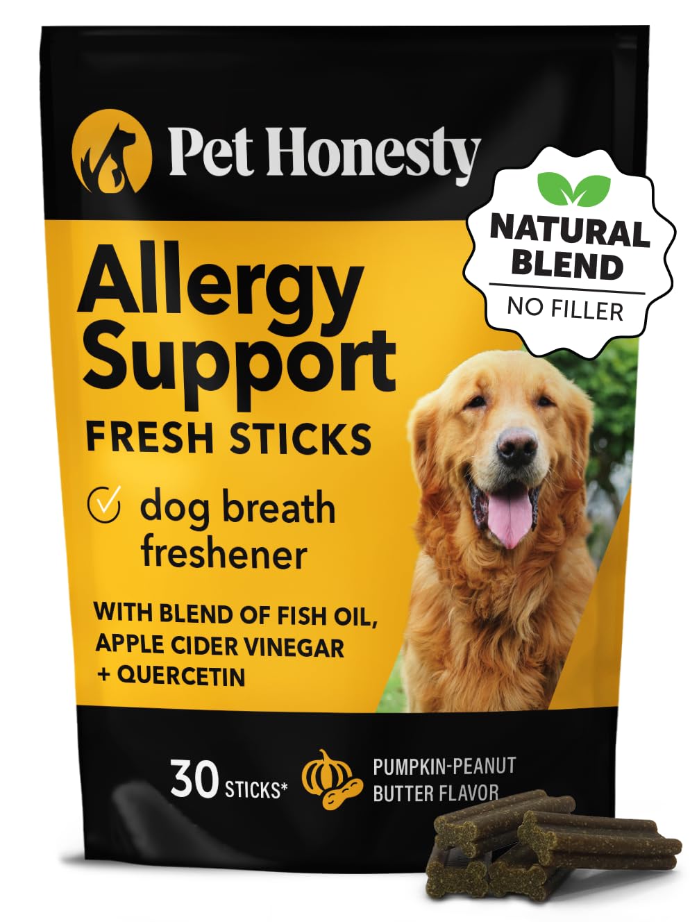 Pet Honesty Allergy Support Fresh Sticks - Dental Sticks for Dogs - Dental Dog Chews - Immune Health + Allergy Support for Dogs - Freshen Dog Breath, Reduce Plaque + Tartar - 30 Sticks