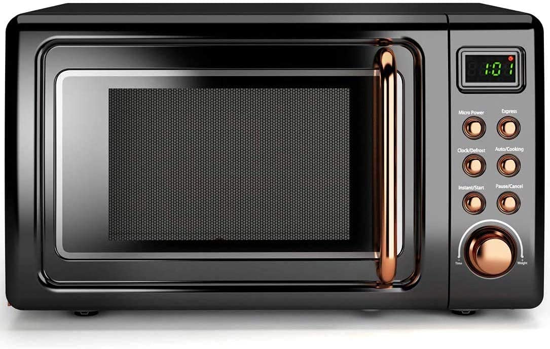 Moccha Compact Retro Microwave Oven, 0.7Cu.ft, 700-Watt Countertop Microwave Ovens w/5 Micro Power, Delayed Start Function, LED Display, Child Lock (Black)