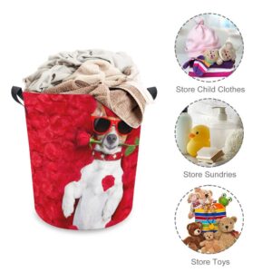 Large Laundry Basket Jack Russell Dog Red Petals Love Valentine's Day Oxford Cloth Laundry Hamper Storage with Handles Collapsible Waterproof Toy Organizer Dirty Clothes Bag for Bedroom Bathroom