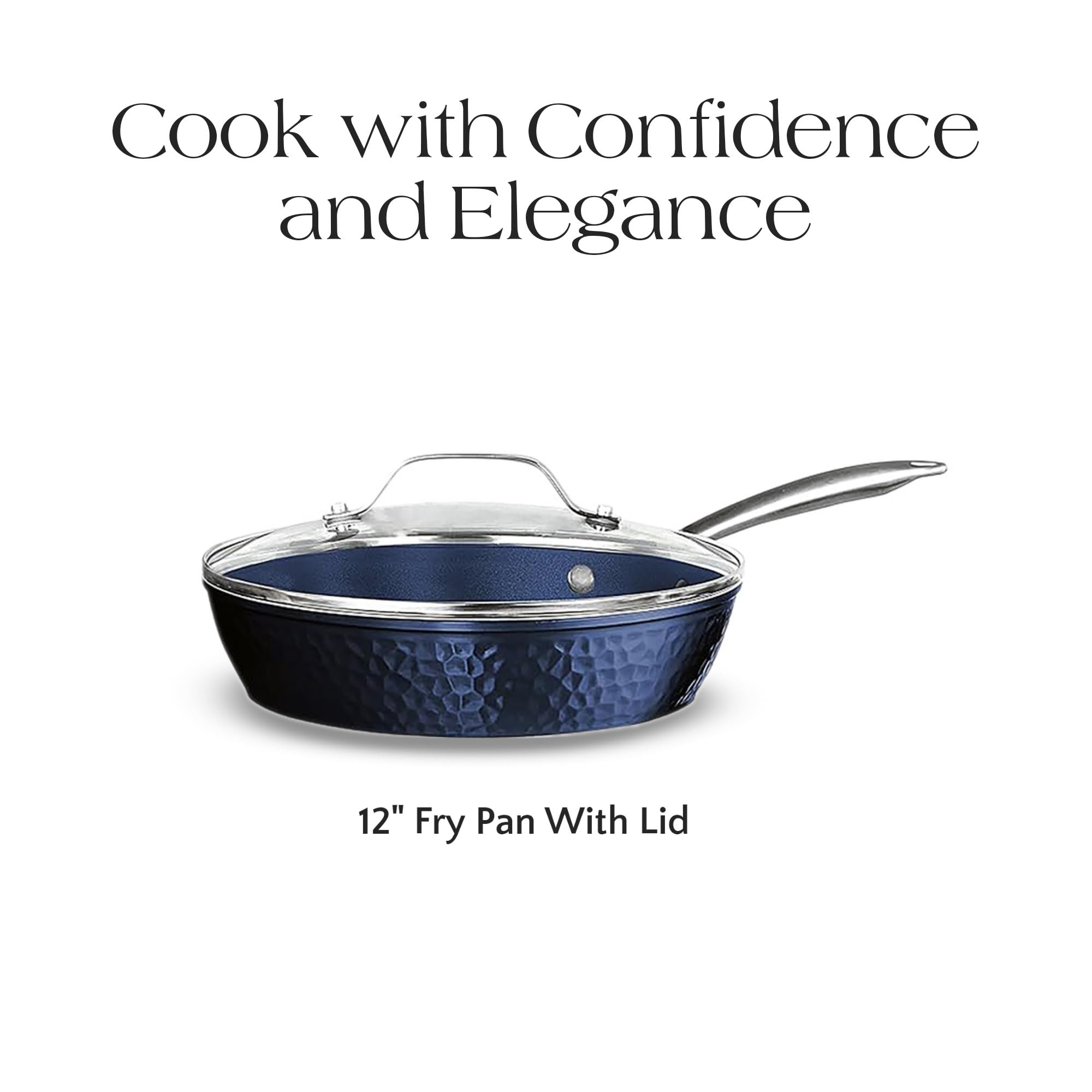 Orgreenic Luxurious Non-Stick Ceramic 12 Inch Blue Hammered Pan with Lid, Lightweight, Scratch-Resistant, Dishwasher Safe, Oven Safe up to 500°F