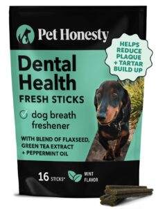 pet honesty dental health fresh sticks - oral hygiene dental sticks for dogs - dental dog chews - freshen dog breath, reduce plaque + tartar - 16 sticks