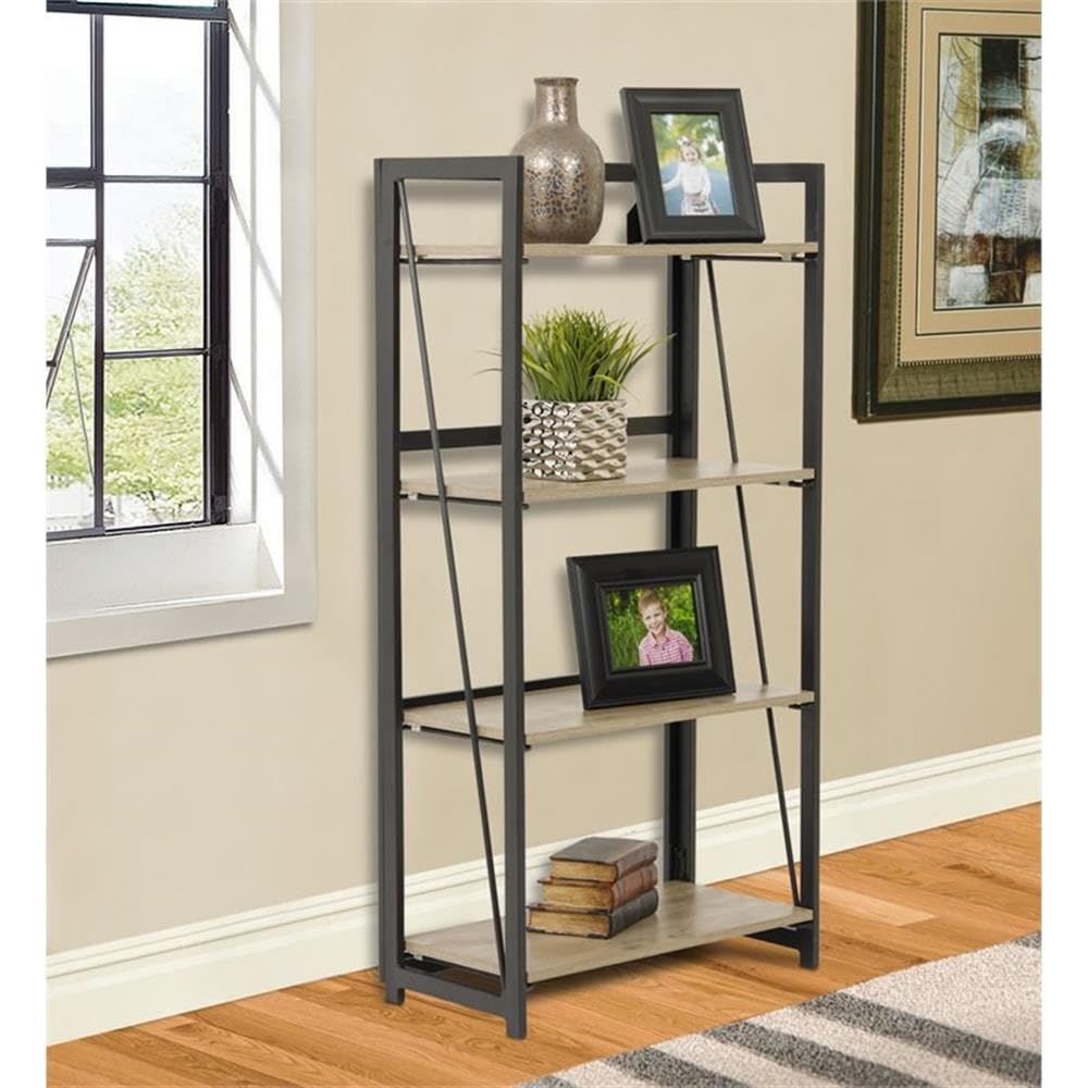 OS Home and Office Furniture Model 42244 No Tool Four Shelf Bookcase with Metal Legs and Sewn Oak Laminate Shelves