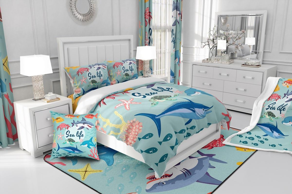 Sea Turtle Comforter Cover Set Twin Size Ocean Fish Marine Life Duvet Cover Under Sea Life Bedding Set for Kids Child,Underwater World Coastal Creature Quilt Cover,Nautical Sea Animal Bedroom Decor