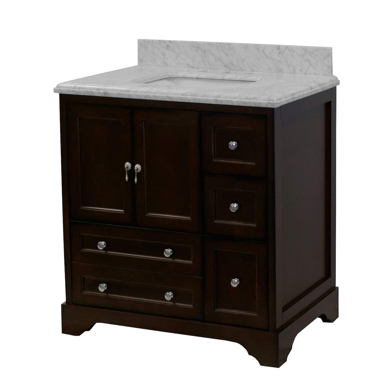 Madison 36-inch Bathroom Vanity (Chocolate/Carrara): Includes Chocolate Cabinet, Authentic Italian Carrara Marble Countertop and White Ceramic Sink