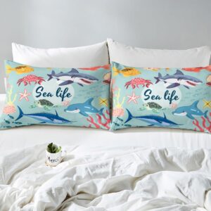 Sea Turtle Comforter Cover Set Twin Size Ocean Fish Marine Life Duvet Cover Under Sea Life Bedding Set for Kids Child,Underwater World Coastal Creature Quilt Cover,Nautical Sea Animal Bedroom Decor