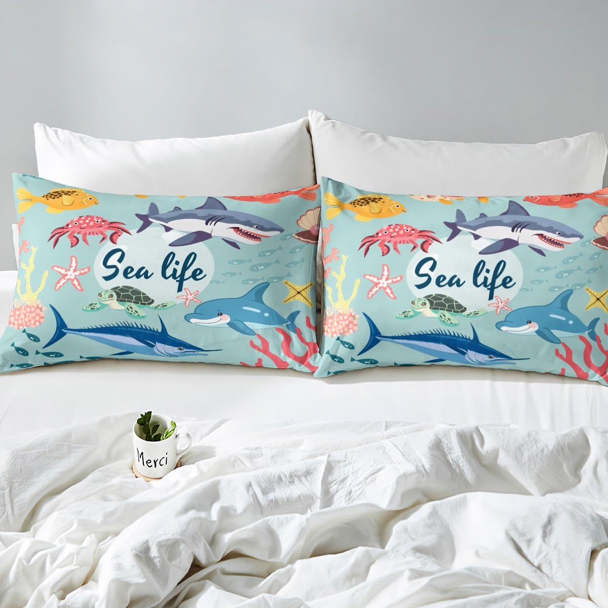 Sea Turtle Comforter Cover Set Twin Size Ocean Fish Marine Life Duvet Cover Under Sea Life Bedding Set for Kids Child,Underwater World Coastal Creature Quilt Cover,Nautical Sea Animal Bedroom Decor