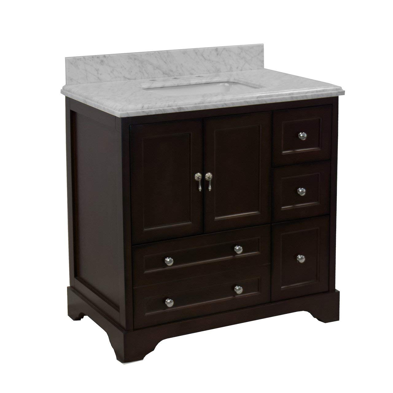 Madison 36-inch Bathroom Vanity (Chocolate/Carrara): Includes Chocolate Cabinet, Authentic Italian Carrara Marble Countertop and White Ceramic Sink