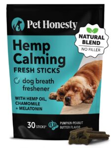 pet honesty hemp calming fresh sticks - dental sticks for dogs - natural dental chews, calming support for dogs, reduce hyperactivity and anxiety, freshen dog breath, reduce plaque + tartar - (30 ct)