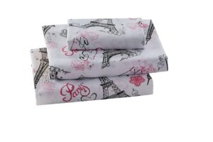 kids zone home collection sheet set girls/teens paris eiffel tower hearts flowers white pink black pink / white new # flatscreen paris (white, full)