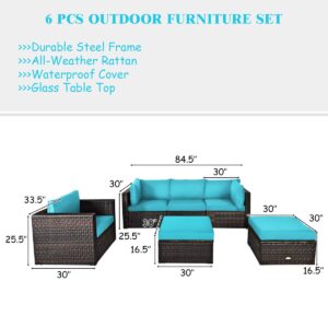 Tangkula 6 Pieces Patio Rattan Sectional Furniture Set, Outdoor Wicker Conversation Set with Glass Coffee Table Sofa Ottoman, Wicker Sofa Set with Back & Seat Cushion for Backyard Garden (Turquoise)