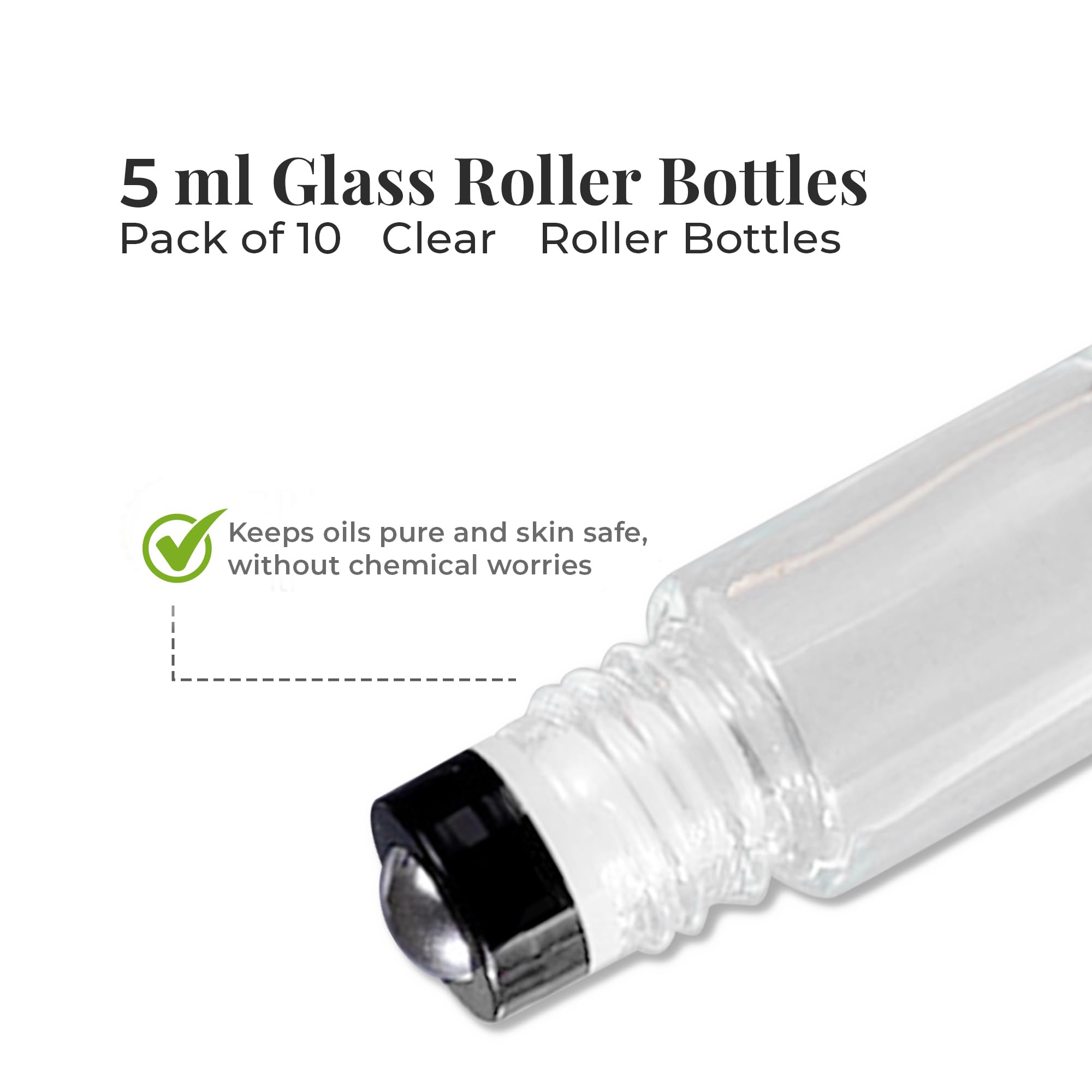 Your Oil Tools 10 Pack Essential Oil Roller Bottles, 5ml Empty Clear Glass Roll-on with Leak Guard Stainless Steel Roller Balls & Black Caps for oils and perfume