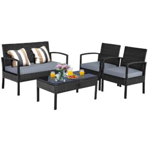 dortala 4 piece patio furniture set, outdoor rattan wicker conversation set with cushion & coffee table, chairs and table set for courtyard balcony garden, black