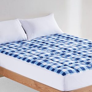 sleep zone plaid king size mattress pad quilted breathable mattress cover overfilled fluffy pillow top down alternative bed topper 8-21 inch deep pocket, king blue grid