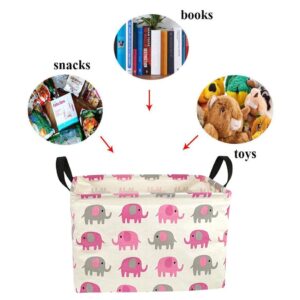 HUAYEE Elephant Print Rectangular Storage Bin Shelf Basket Canvas Fabric Toy Box,Waterproof Coating Nursery Hamper with Handles,Gift Basket for Home,Office,Clothes,Books(pink grey elephant)