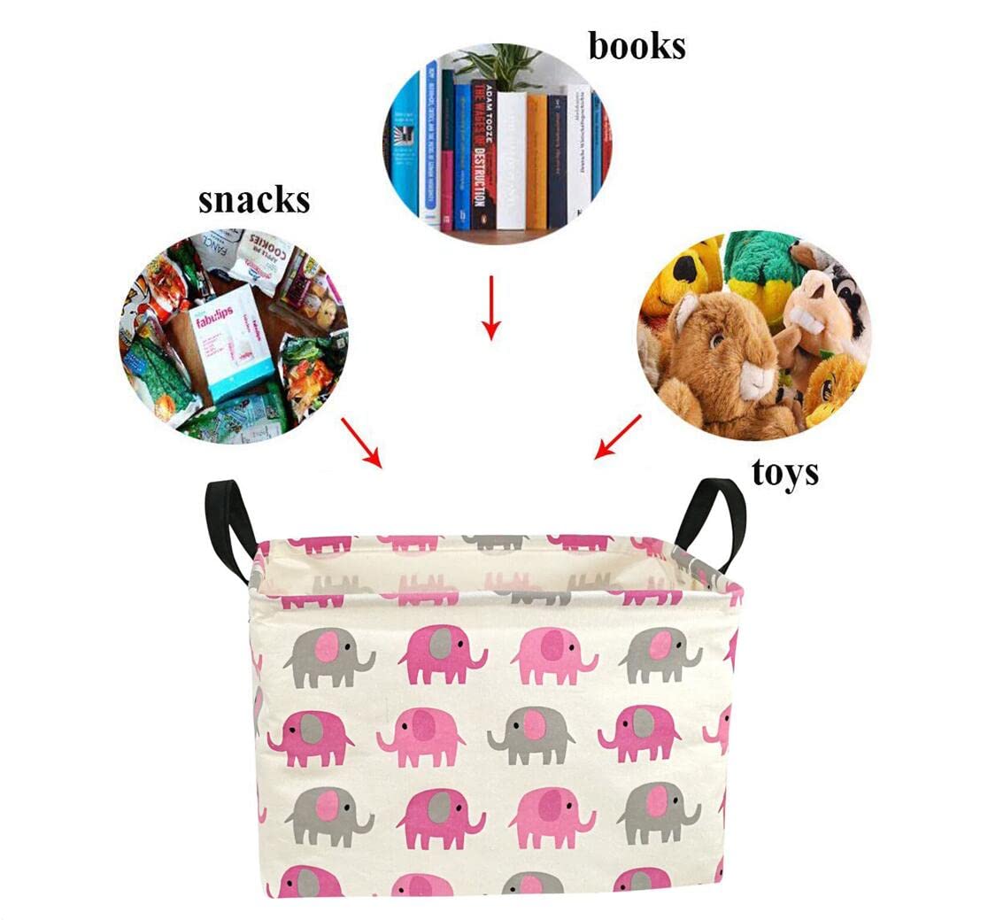 HUAYEE Elephant Print Rectangular Storage Bin Shelf Basket Canvas Fabric Toy Box,Waterproof Coating Nursery Hamper with Handles,Gift Basket for Home,Office,Clothes,Books(pink grey elephant)