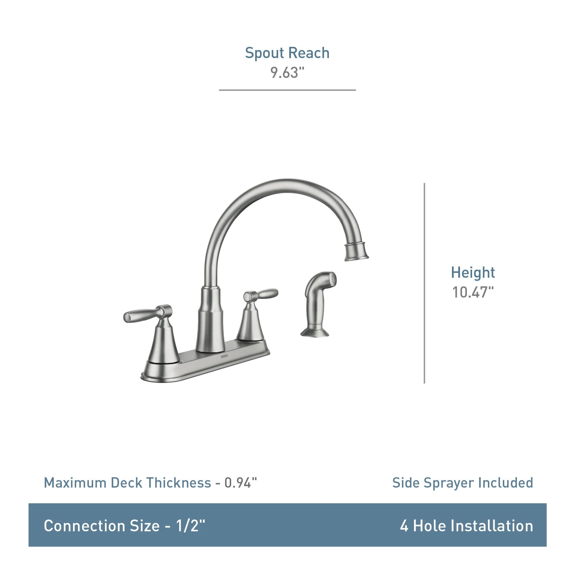 Moen Hutchinson Spot Resist Stainless 2-Handle High-Arc Kitchen Faucet with Side Sprayer, 87048SRS