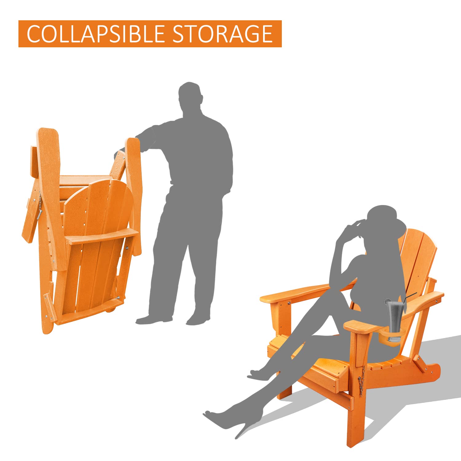 Jovilife Orange Folding Adirondack Chair HDPE Outdoor Patio Chair Beverage Holder Easy Compact Storage Garden Resin Outside Furniture All Weather Resistant Chair Backyard (Orange)