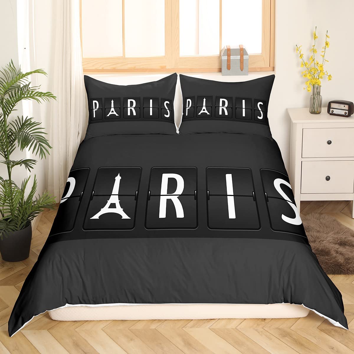 Feelyou Paris Duvet Cover Set France Eiffel Tower Bedding Set Decorative Chic Paris Theme Comforter Cover Paris Cityscape Bedspread Cover Queen Size Microfiber, No Comforter,Modern Black and White