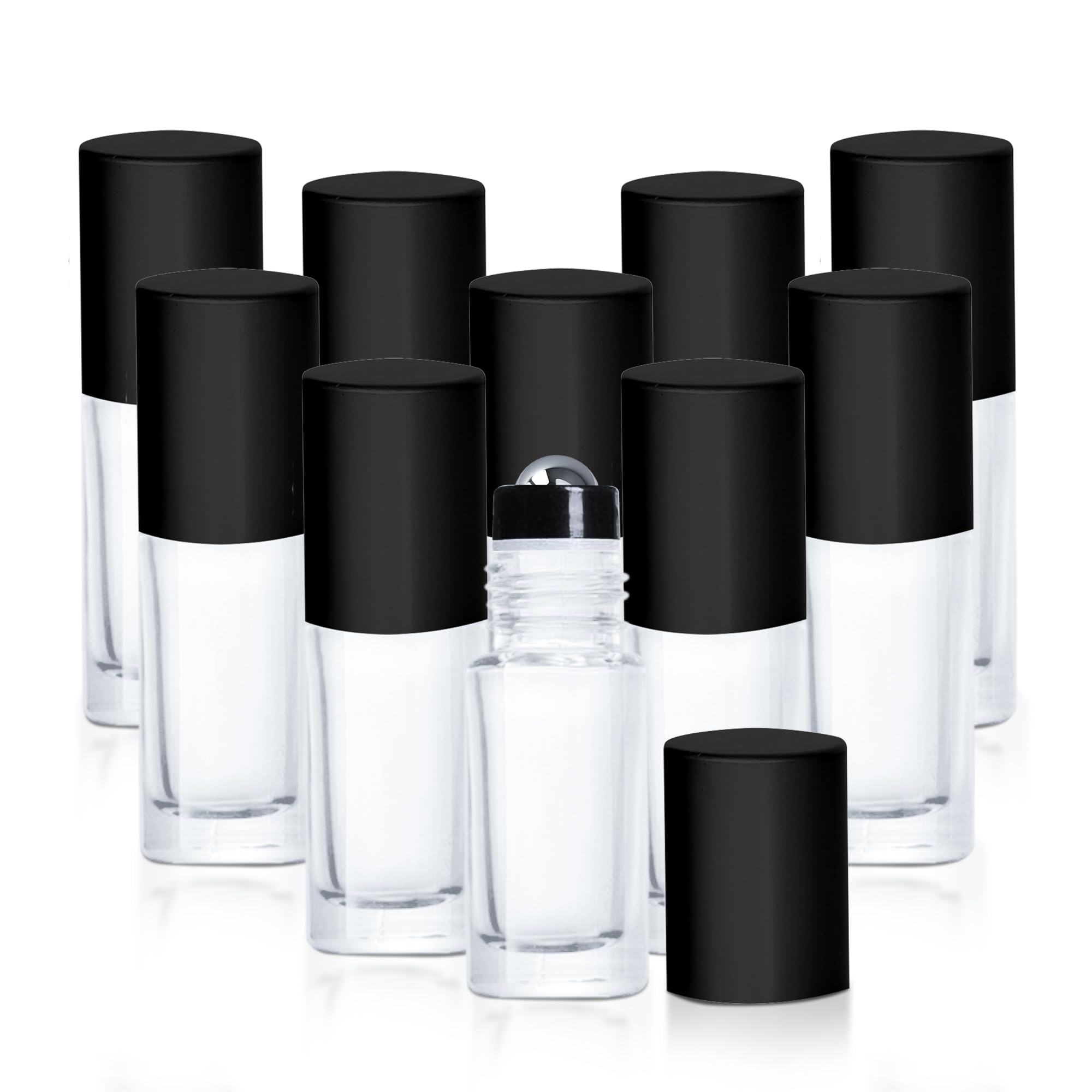 Your Oil Tools 10 Pack Essential Oil Roller Bottles, 5ml Empty Clear Glass Roll-on with Leak Guard Stainless Steel Roller Balls & Black Caps for oils and perfume