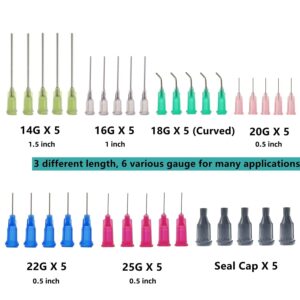 30 Pack 1ml, 3ml, 5ml, 10ml, 20ml Glue Dispenser with14ga,16ga, 18ga, 20ga, 22ga, 25ga Glue tip and Caps for Measuring and Refilling, Glue Applicator or Oil